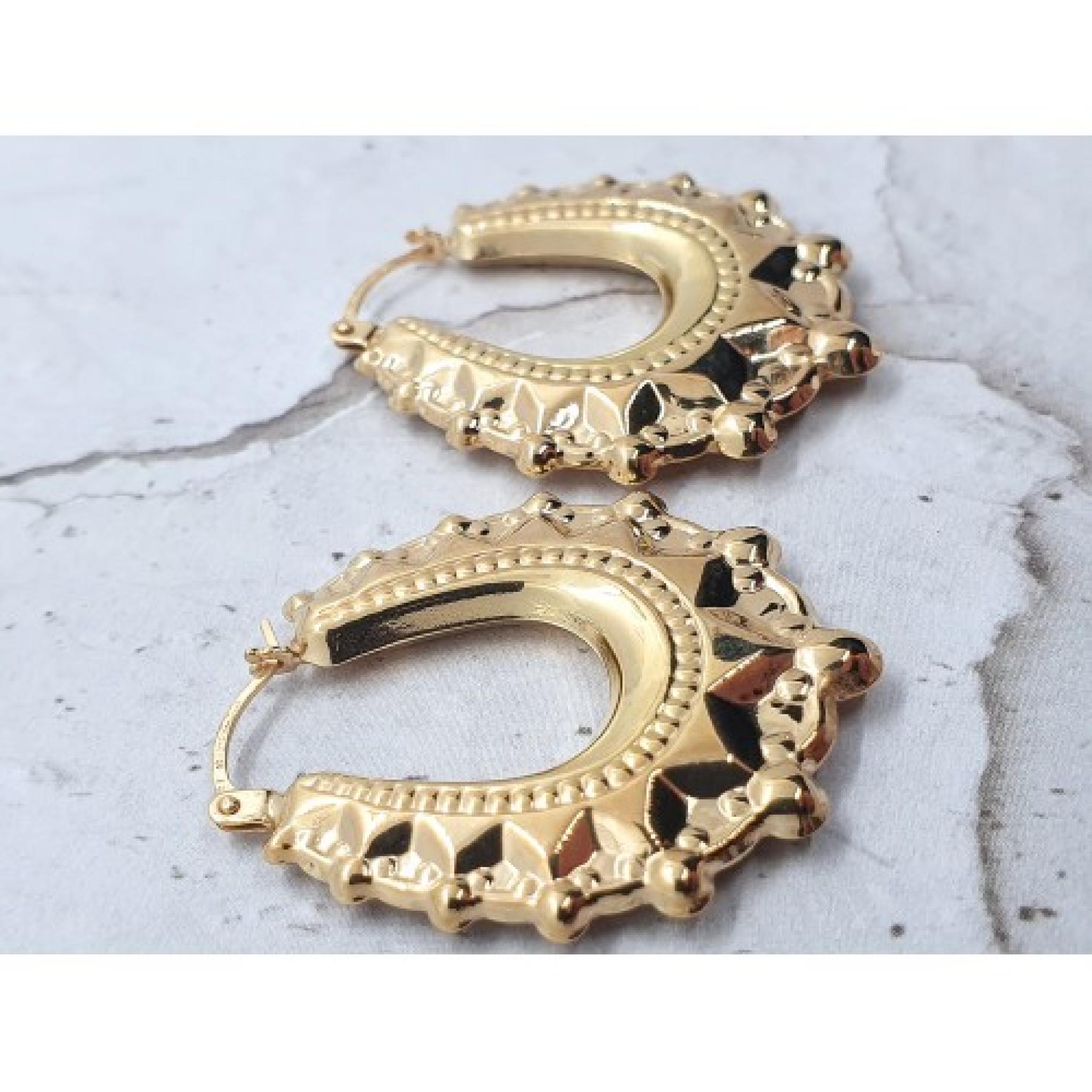 9CT YELLOW GOLD 29MM OVAL VICTORIAN SPIKE EARRINGS CREOLE TUBE GYPSY ...